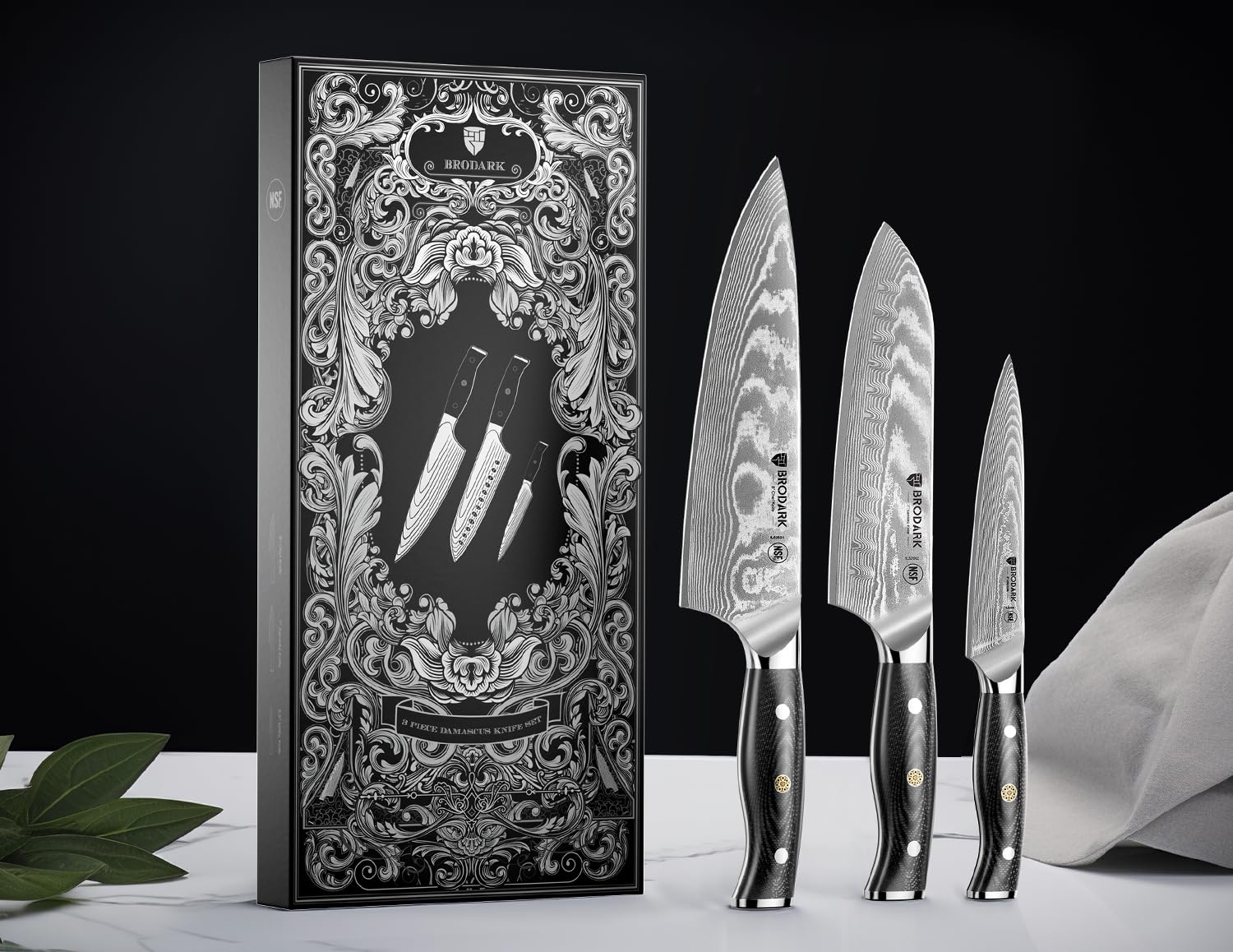 Damascus Knife Set 3 PCS with Premium VG10 Damascus Steel, Ultra-Sharp Professional Japanese Kitchen Knife Set, Full Tang Chef Knife Set with G10 Hand