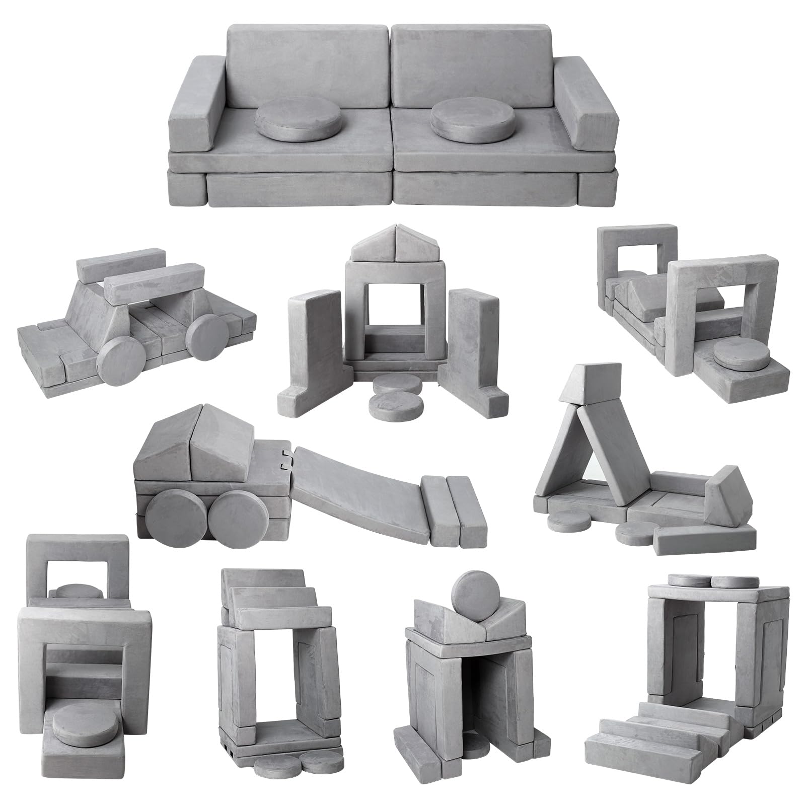 12 Pcs Modular Kids Play Couch, Convertible Sofa for Playing, Creating, Sleeping, Bedroom and Playroom Imaginative Furniture for Boys and Girls, Grey