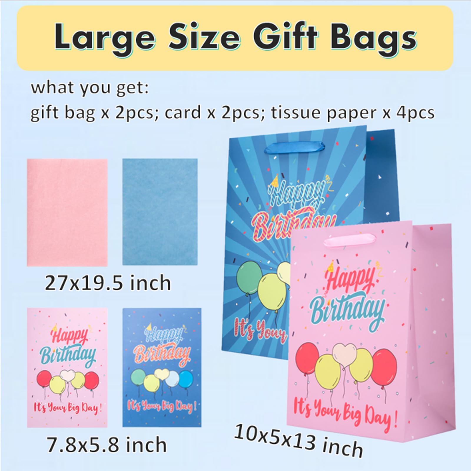 Ronvir 2Pcs Gift Bags, 13x10x5 Inch Birthday Paper Bags With Handles, Large Happy Birthday Gift Bags With Tissue Paper, Gift Bags For Birthday, Boys, Girls, Woman, Man