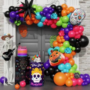 158pcs day of the dead balloon garland arch kit, dia de los muertos colorful balloons with skull and pumpkin cone foil balloons for mexican party halloween day of the dead decorations (purple orange)