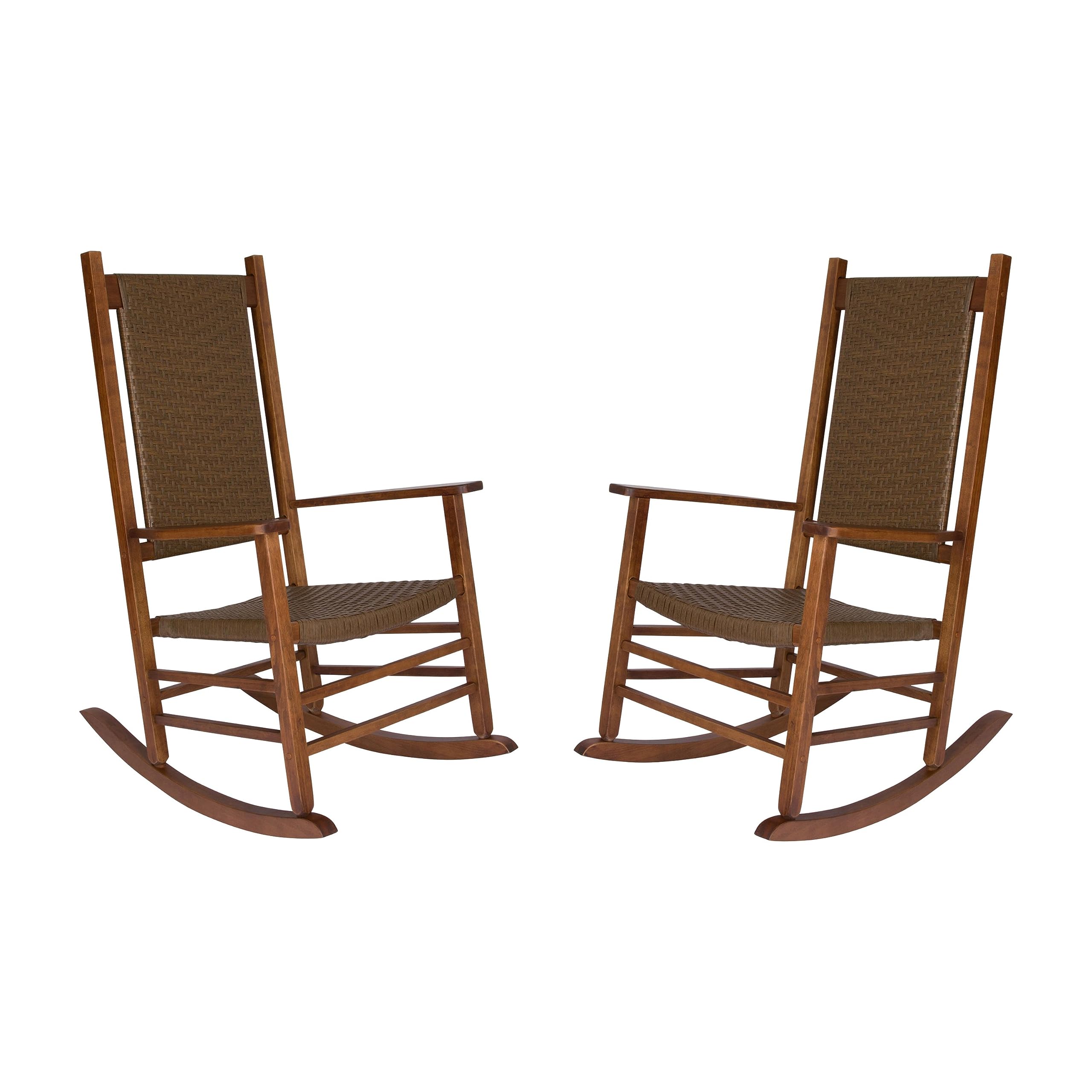 Shine Company Set of 2 Hampton Porch Rockers, High Back Wood Rocking Chairs, Rattan Backrest & Seat, 2-Pack, Oak