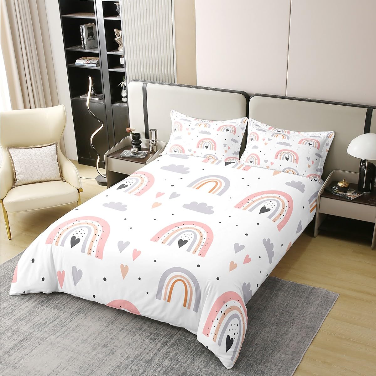 Twin Size Duvet Cover Rainbow 100% Pure Cotton Bedding Set Bohemian Style Bedding Set Grey Clouds Hearts Comforter Cover for Room Decor 2 PCS