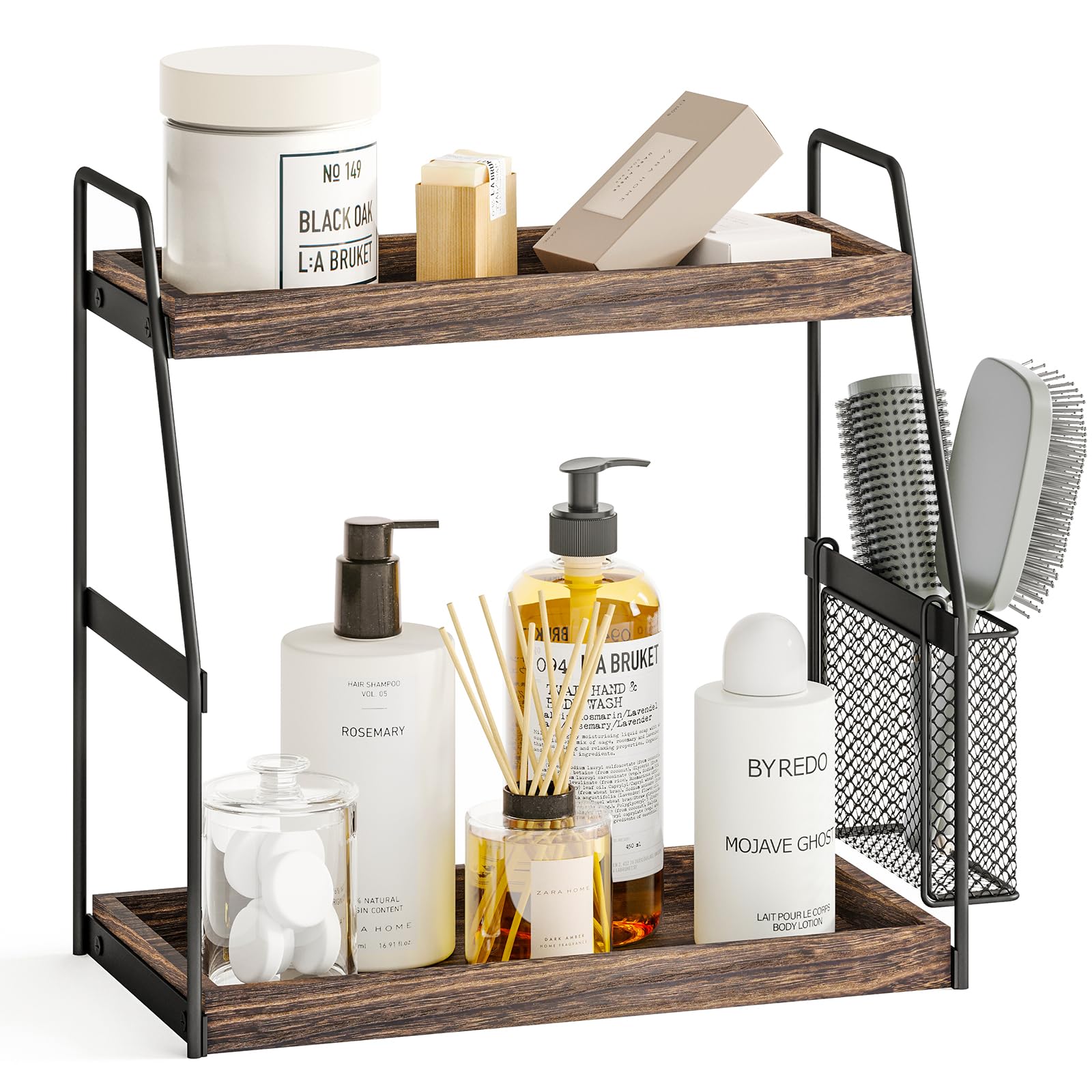 Fixwal Countertop Organizer for Bathroom, 2-Tier Wood Bathroom Counter Organizers with Basket Sink Shelf Cosmetic Storage Standing Vanity Tray Makeup Kitchen Spice Rack, Dark Brown