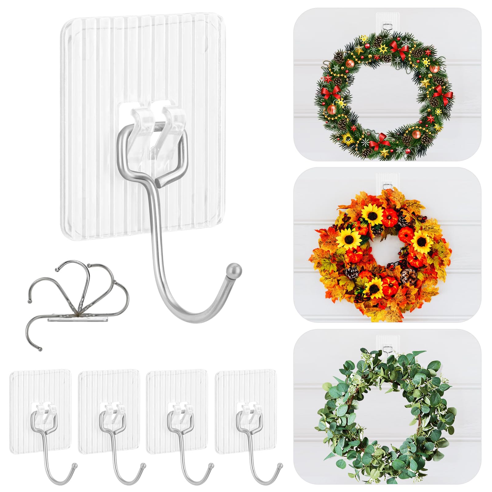 AccEncyc Adhesive Wall Hook, 10Pcs Heavy Duty Adhesive Hooks Strong Stick On Wall Hooks, Stainless Curtain Hook Wreath Door Hanger for Holiday Deco