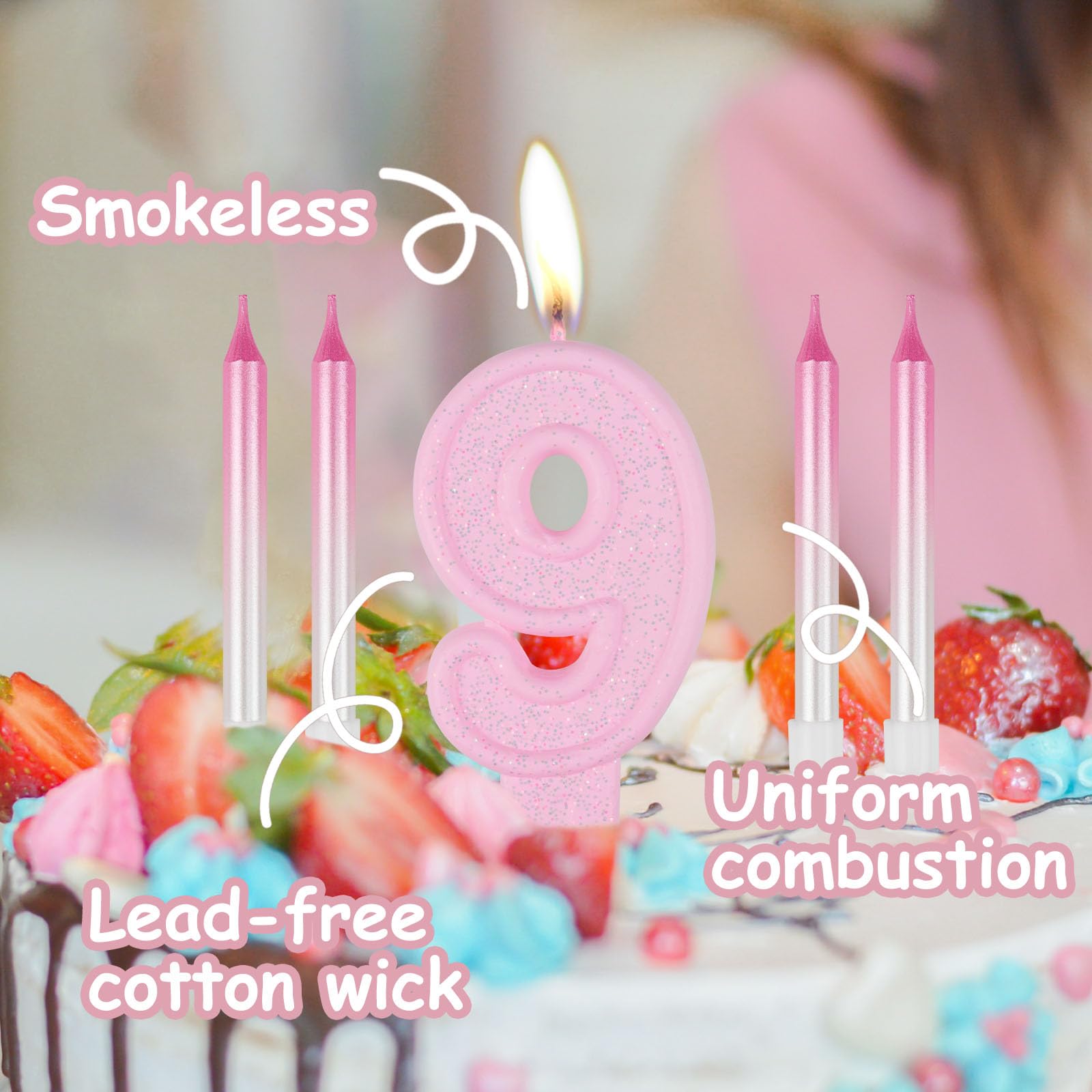 ZHIHUI 7pcs Number Birthday Candles, Pink Number 7 Cake Topper, 7th Birthday Candles, Pink and Cute Shiny Number Happy Birthday Cake Candles for Birthday Party Wedding Anniversary Celebration Supplies