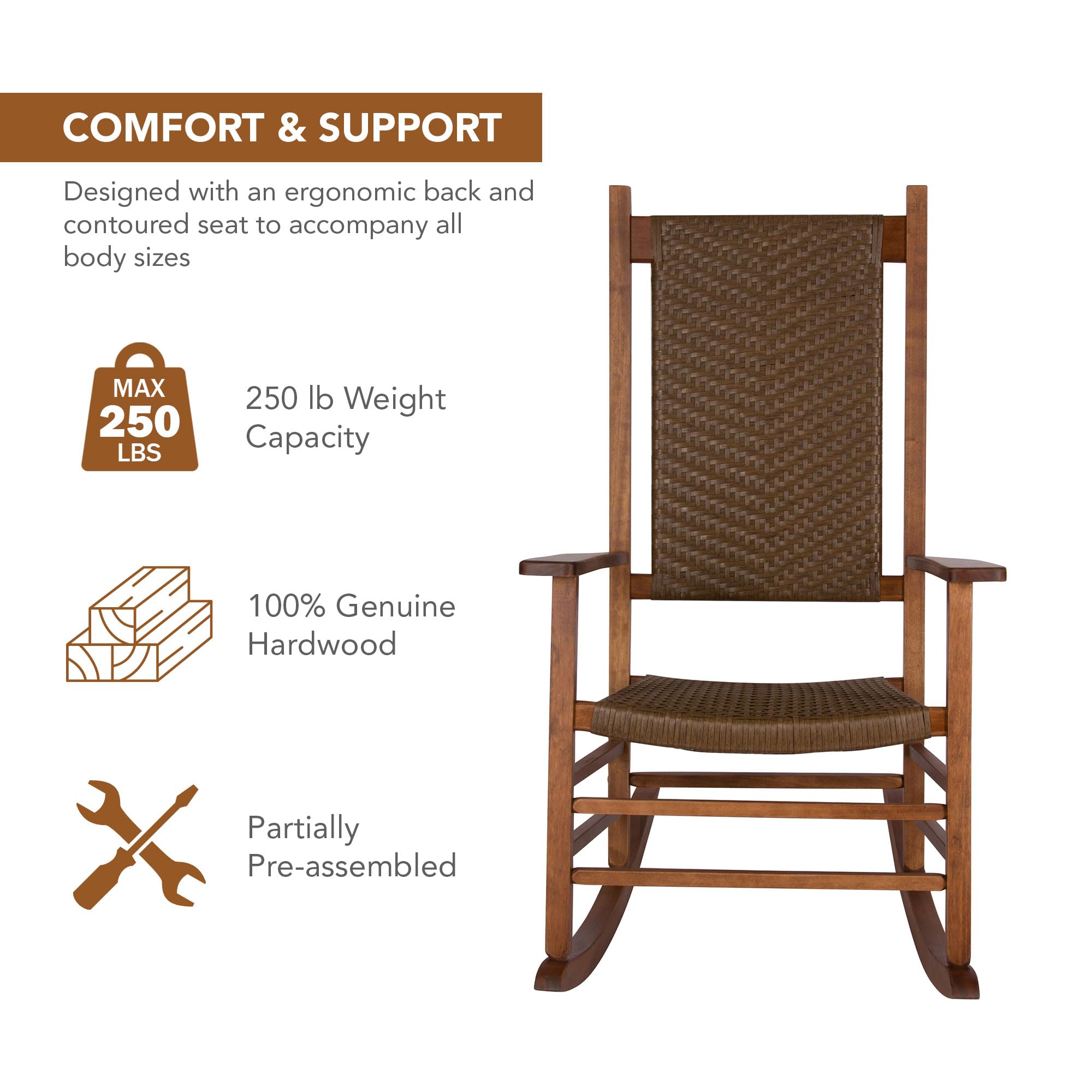 Shine Company Set of 2 Hampton Porch Rockers, High Back Wood Rocking Chairs, Rattan Backrest & Seat, 2-Pack, Oak