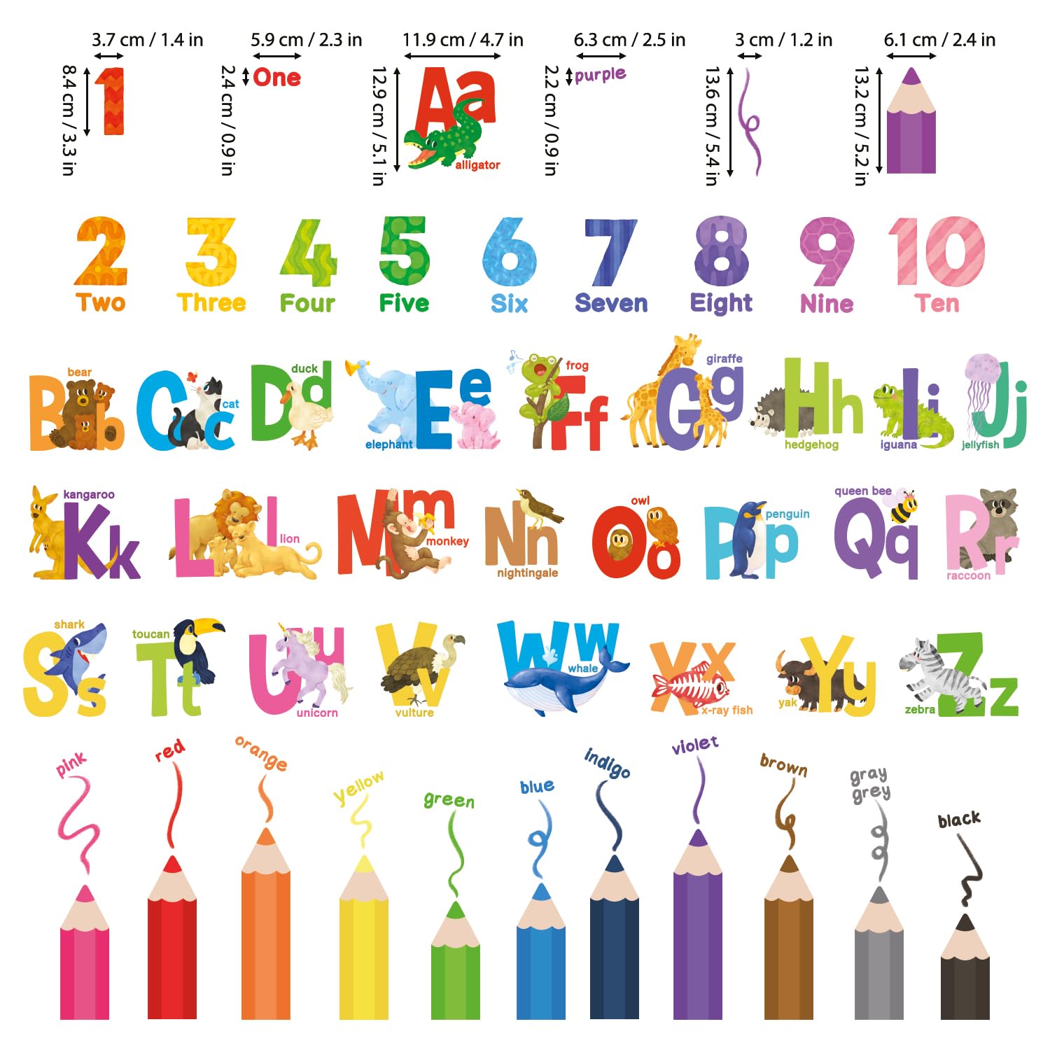 DECOWALL SG3-2316 Alphabet Numbers and Colouring Pencils Wall Stickers Decals Classroom Kids playroom Art Play Room Rainbow ABC Decorations Toddler Color Child Preschool Living Baby Girl Baby boy