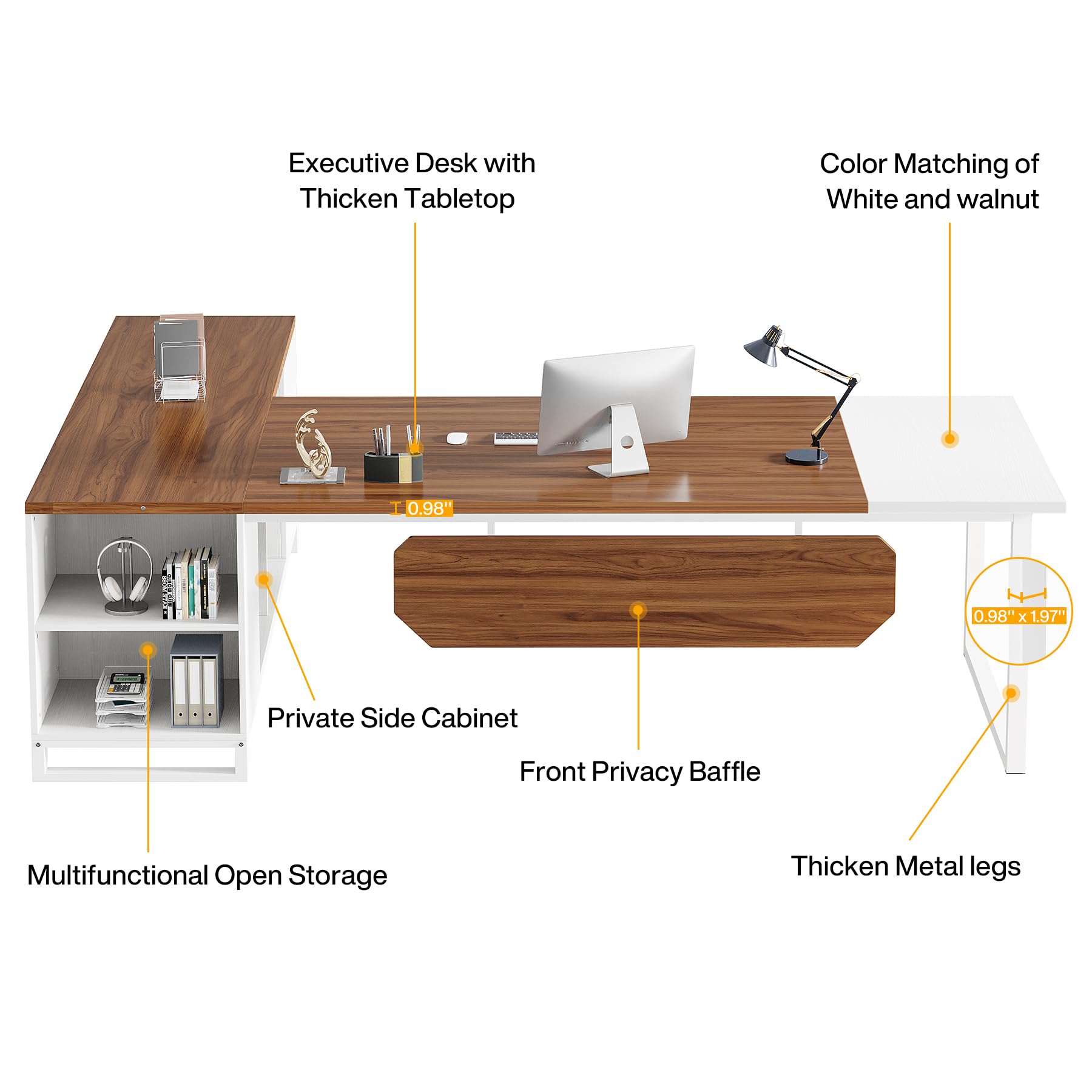 Tribesigns 70.8" Executive Desk with 55" File Cabinet, Modern L Shaped Computer Desk with Storage Shelves and Cabinet, Large L Shaped Executive Desk for Home Office, Walnut & White