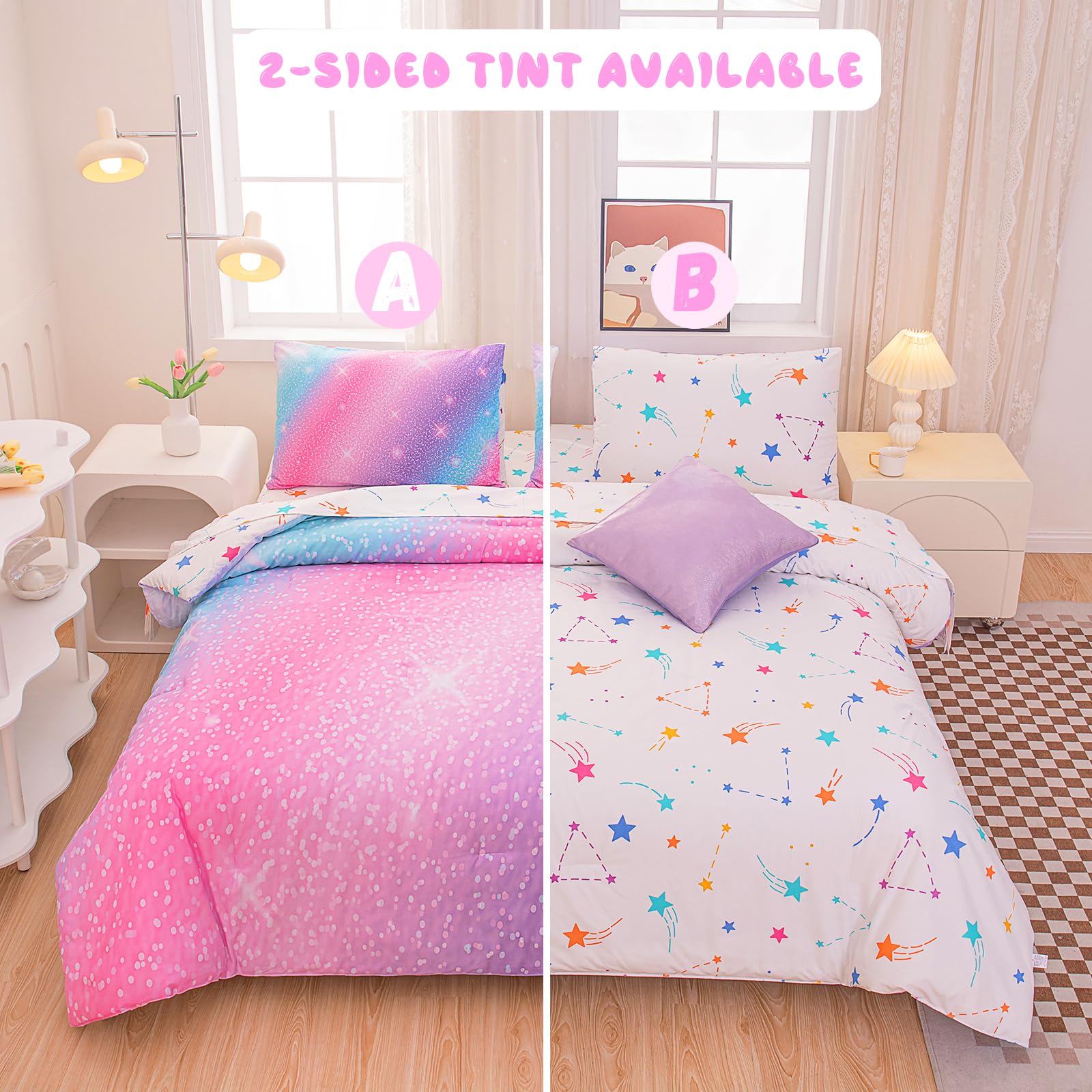 Full Size Bedding Sets Glitter Galaxy Bedding 6 Pieces Bed in A Bag Full Size,Kids Comforter Sets Rainbow Comforter,Full Size Bed Sheets and Comforter Set for Girls