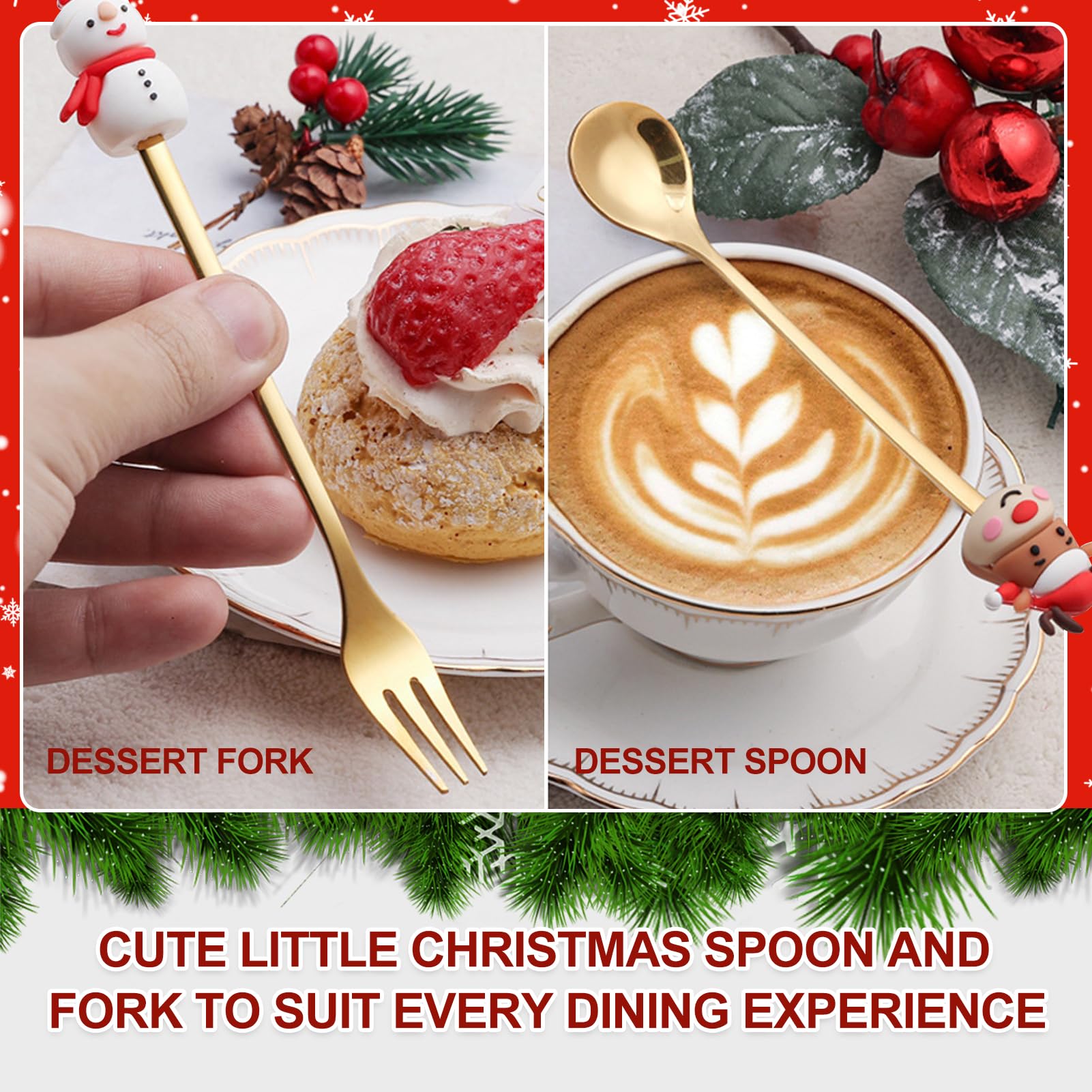 Ganbaro® Christmas Forks and Spoons, Dessert Forks and Spoons, Christmas Cutlery 3 Christmas Spoons and 3 Christmas Forks Stainless Steel Set with Gift Box for Festive Celebrations