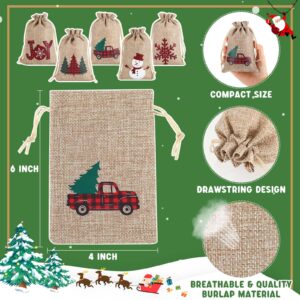 Paterr 100 Pcs Christmas Burlap Gift Bags Bulk for Party Favors 4x 6 Inch Christmas Linen Bags with Drawstring Small Jute Christmas Treat Bag Reusable Linen Treat Sacks for Holiday (Plaid Style)