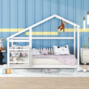 Bellemave House Bed for Kids, Twin Floor Bed, Pine Wood House Floor Bed, Montessori Bed for Kids, Gray with Shelf