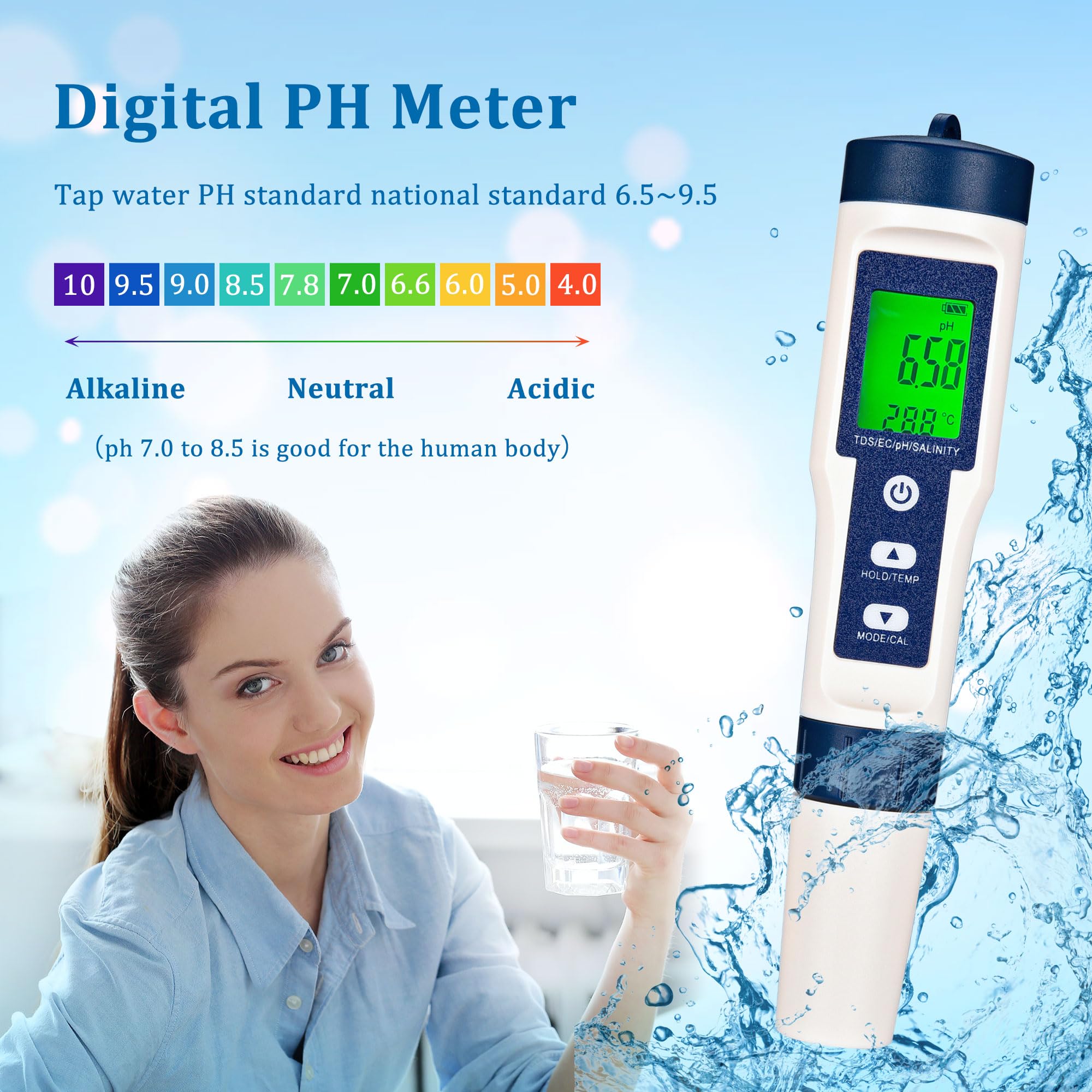 Yoption Pool Salt Tester & PH Meter, 5 in 1 Digital Salinity PH Temp EC and TDS Meter for Pool Saltwater, Drinking Water, Indoor Garden, Fish Tank, Hydroponics, Plants