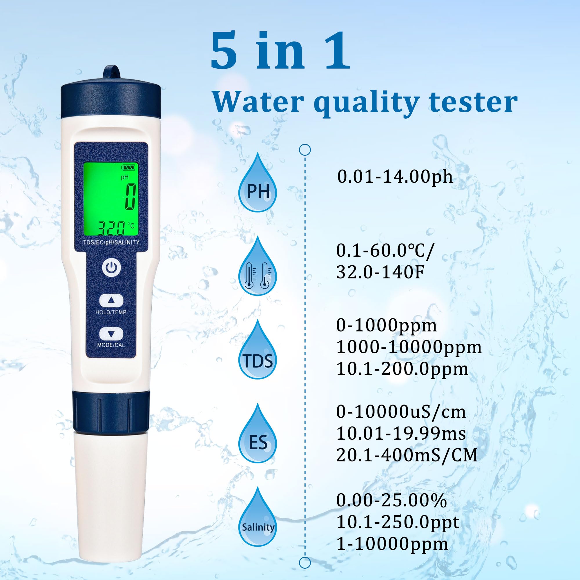 Yoption Pool Salt Tester & PH Meter, 5 in 1 Digital Salinity PH Temp EC and TDS Meter for Pool Saltwater, Drinking Water, Indoor Garden, Fish Tank, Hydroponics, Plants