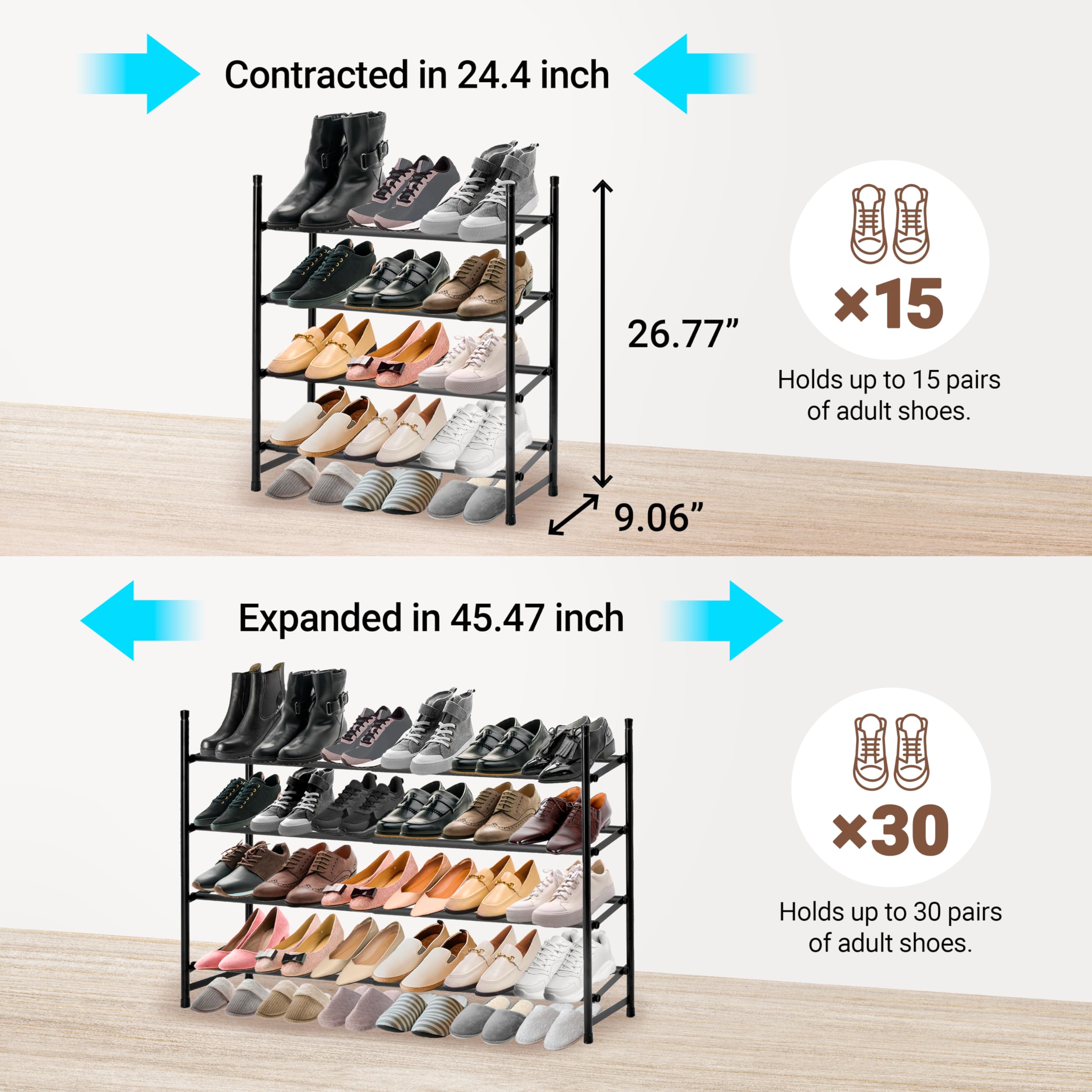 ikloo 4-Tier Shoe Rack for Closet and Entryway | Expandable and Stackable Shoes Organizer for Small Spaces | Adjustable Metal Shoe Shelf for Shoe Storage | Fit Up to 30 Pairs of Shoes | Black