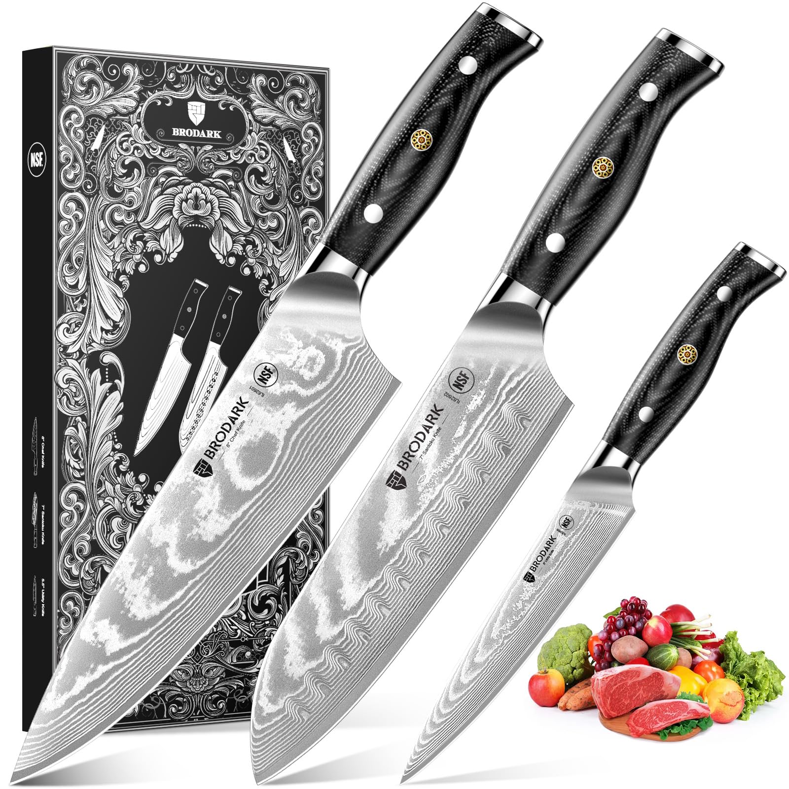 Damascus Knife Set 3 PCS with Premium VG10 Damascus Steel, Ultra-Sharp Professional Japanese Kitchen Knife Set, Full Tang Chef Knife Set with G10 Hand