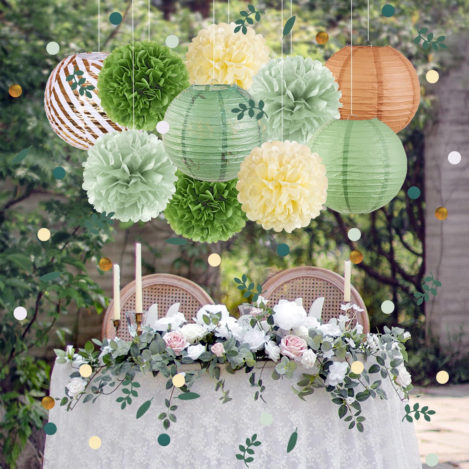 Sage Green Party Decorations with Paper Lanterns and Tissue Paper Pom Poms Green Hanging Decorations for Birthday Baby Shower Wedding Bridal Shower Graduation Party Decor