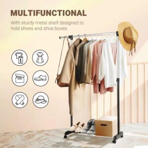 ikloo Clothing Rack with Wheels for Hanging Clothes | Extendable and Adjustable Garment Racks | Freestanding Rolling Closet Laundry Racks for Drying | Portable Clothes Organizer with Shelves | Chrome