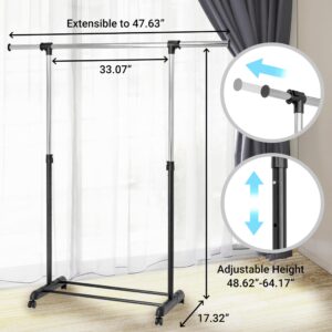 ikloo Clothing Rack with Wheels for Hanging Clothes | Extendable and Adjustable Garment Racks | Freestanding Rolling Closet Laundry Racks for Drying | Portable Clothes Organizer with Shelves | Chrome