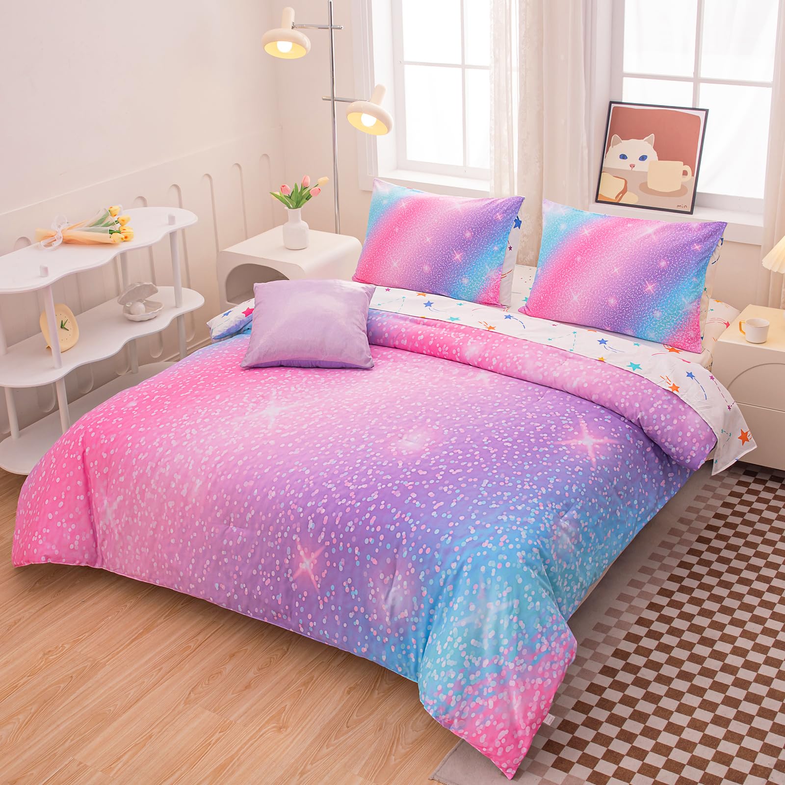 Full Size Bedding Sets Glitter Galaxy Bedding 6 Pieces Bed in A Bag Full Size,Kids Comforter Sets Rainbow Comforter,Full Size Bed Sheets and Comforter Set for Girls