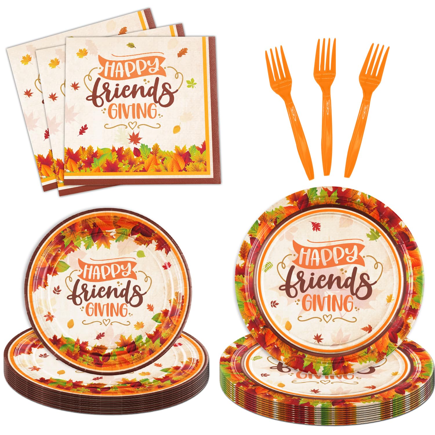 KORHONEN Friendsgiving Party Decorations, 96Pcs Thanksgiving Tableware Set Includes Friendsgiving Napkins Plates Forks, Friendsgiving Maple Leaves Party Supplies