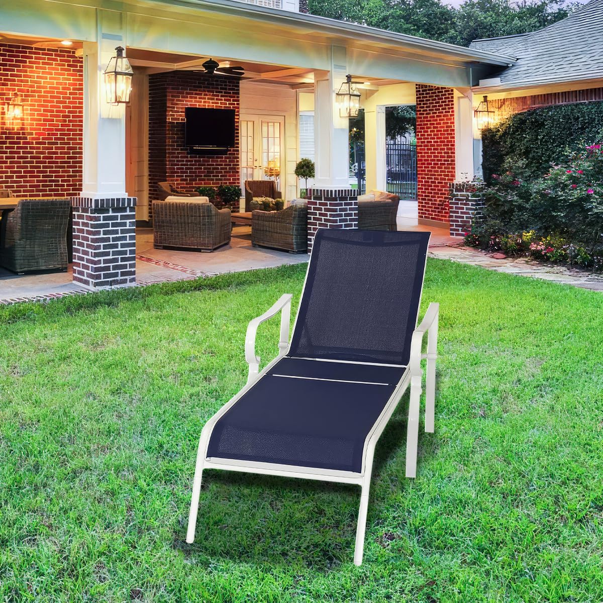 TINKLE WELL Chaise Lounge Outdoor w/Adjustable Back in 5 Reclining Levels, Sturdy Metal Frame, Sunbathing Chair for Beach, Yard, Balcony, Poolside, Dark Blue