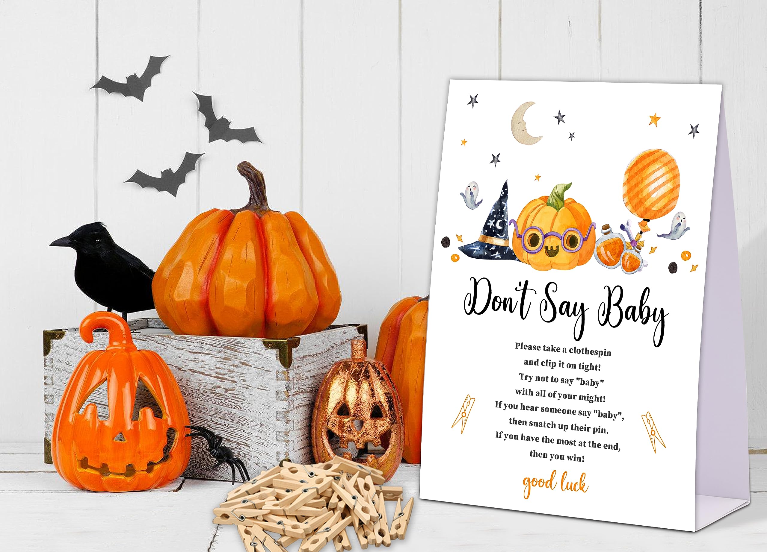 Don't Say Baby Clothespin Game, Halloween Baby Shower Game, One 5x7 Sign and 50 Mini Natural Clothespins, Gender Neutral, A Little Boo Baby Shower Decoration - MJZ57