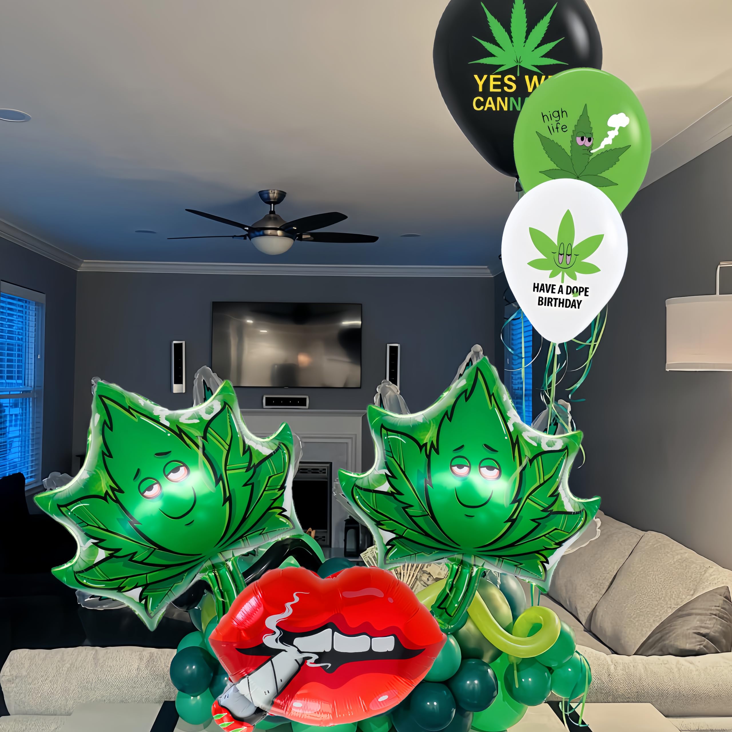 CYMYLAR 23pcs Weed Marijuana Balloons And Banner/Lip Smoking Balloons/Cannabis Birthday Themed Party/Lets Get Lit /Marijuana Theme Decorations/Weed Aluminum Balloon/Weed Balloons Party Supplies