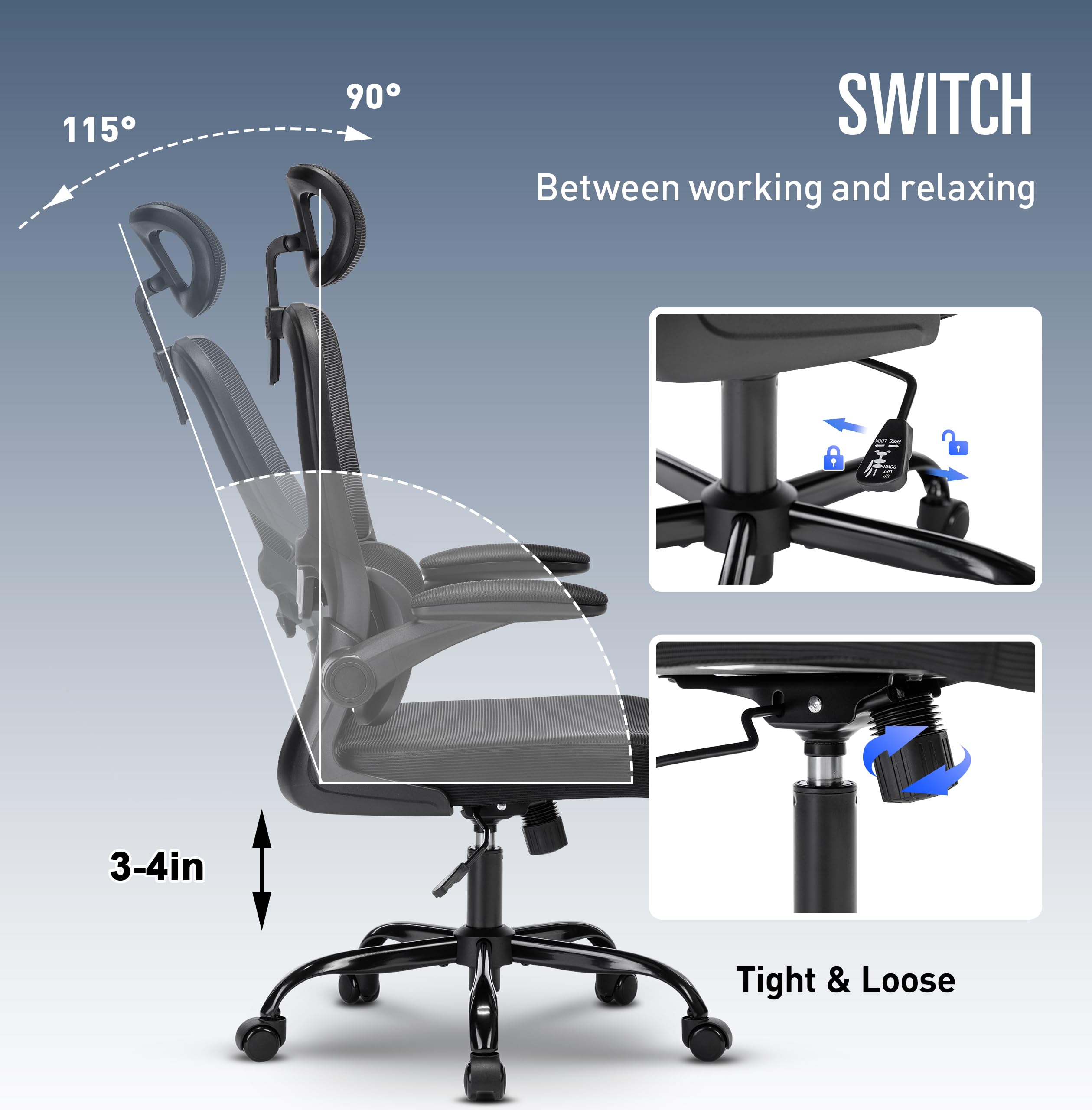 SOMEET Office Chair, Ergonomic Mesh Office Chair with Adjustable Headrest and Arms, High Back Ergonomic Desk Chair with Lumbar Support, Comfortable Home Office Desk Chairs with Tilt Lock (Black)