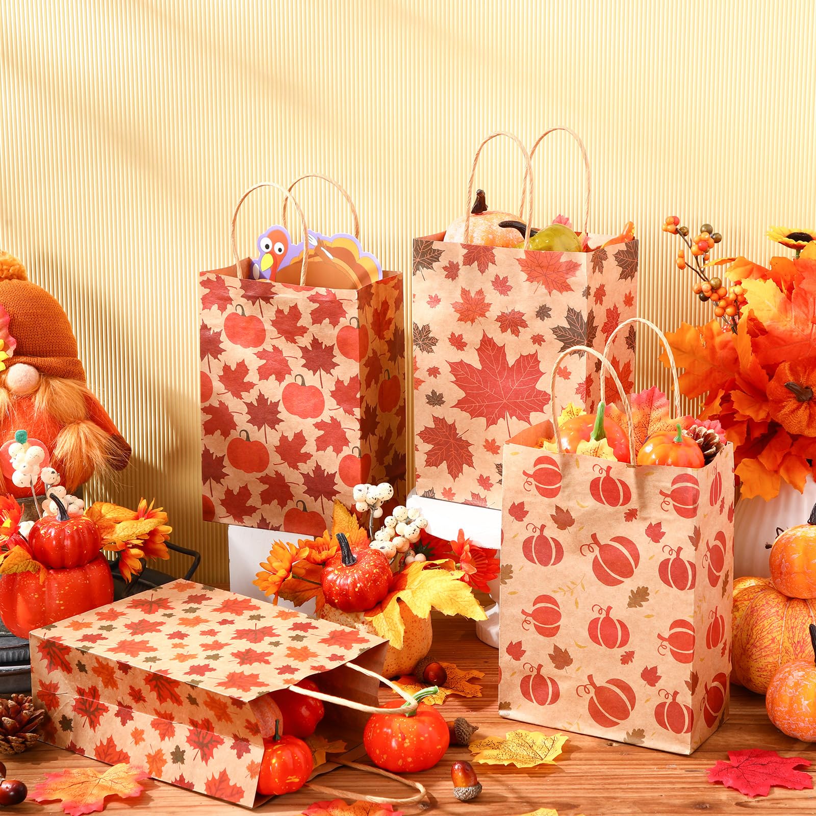 Yeaqee 100 Pcs Thanksgiving Treat Bags Fall Treat Bags Thanksgiving Kraft Paper Gift Bags with Handles Pumpkin Turkey Goodie Bags Party Favor Bags for Thanksgiving Fall Supplies Decor(Stylish Style)