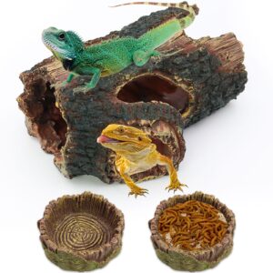 dexspoeny 3pcs reptile hide cave small lizard reptile food＆water bearded dragon bowls accessories,natural resin hollow tree trunk hideout,hermit crab supplies trunk snake gecko frogs fish tanks decor