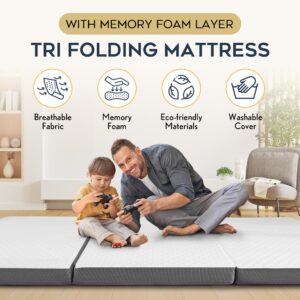 Tri Folding Mattress with Memory Foam Layer - 4 Inch Trifold Foldable Bed Mattress with Washable Cover | Full Size 75" x 54" x 4" Non-Slip Bottom Camping Floor Mattress Perfect Guest Bed