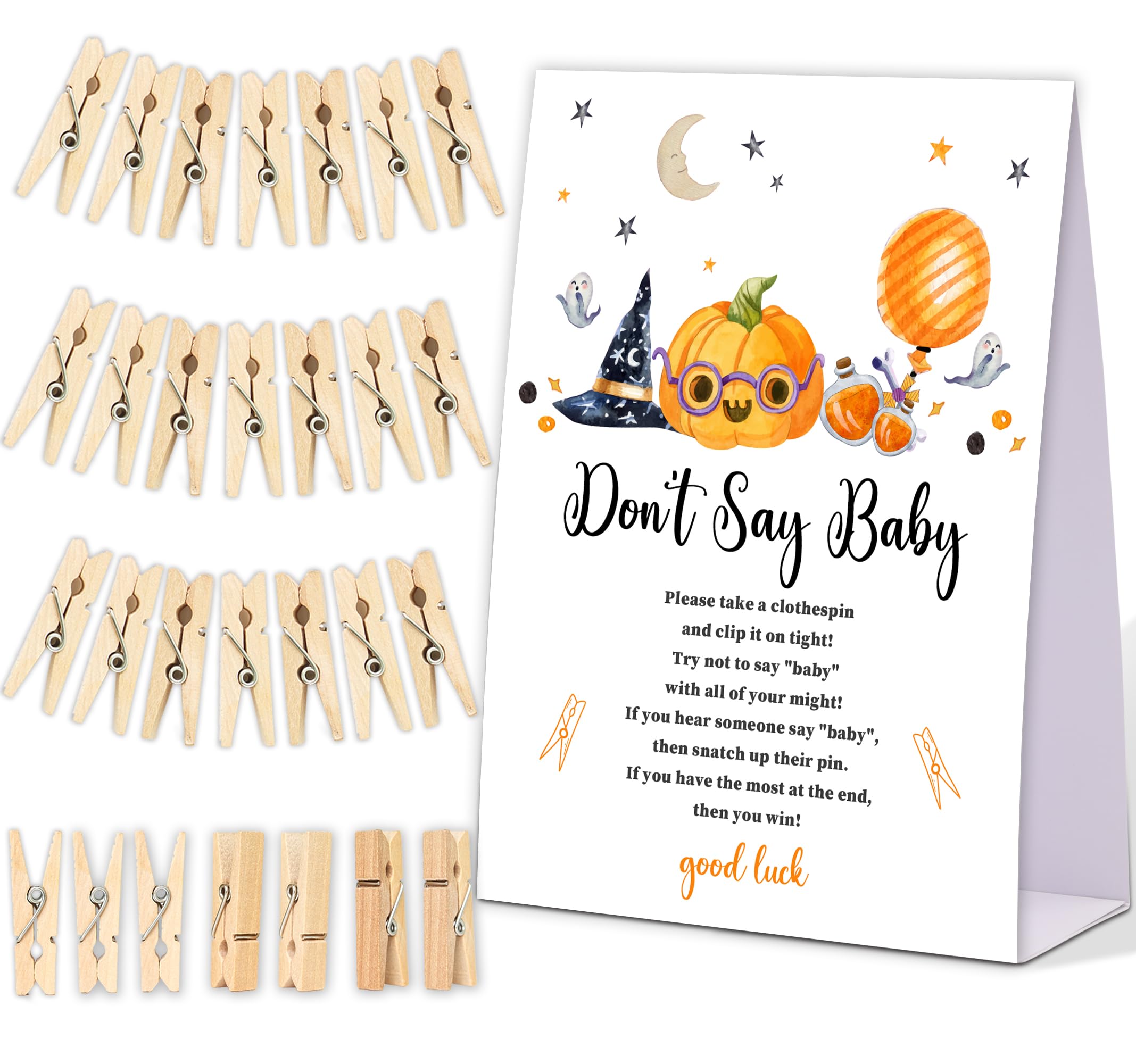 Don't Say Baby Clothespin Game, Halloween Baby Shower Game, One 5x7 Sign and 50 Mini Natural Clothespins, Gender Neutral, A Little Boo Baby Shower Decoration - MJZ57