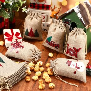 Paterr 100 Pcs Christmas Burlap Gift Bags Bulk for Party Favors 4x 6 Inch Christmas Linen Bags with Drawstring Small Jute Christmas Treat Bag Reusable Linen Treat Sacks for Holiday (Plaid Style)