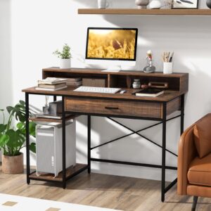 Tangkula Computer Desk with Storage Drawer & Monitor Stand, 48” Home Office Writing Desk with 2 Open Shelves & Compartments, Computer Workstation Writing Study Desk with Metal Frame (Rustic Brown)