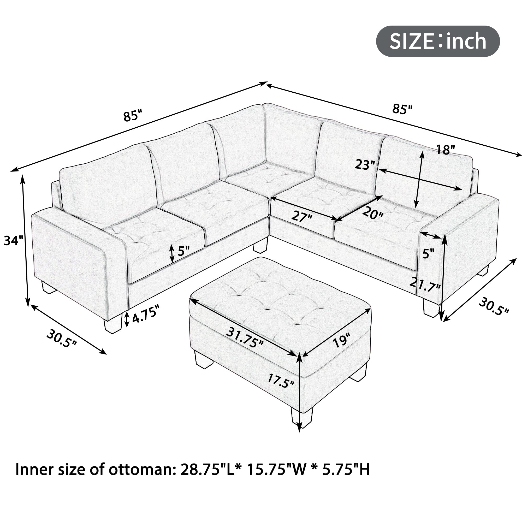 85''*85'' Sectional Corner Sofa L-Shape Couch Space Saving with Storage Ottoman & Cup Holders Design for Large Space Dorm Apartment,Light Grey