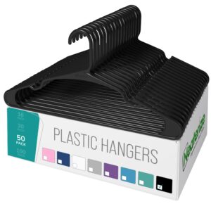 neaterize clothes hangers plastic 50 pack for adults - plastic hangers, the perfect coat hanger and space saving clothes hangers for closet, percheros ganchos para colgar ropa hangars - black hangers