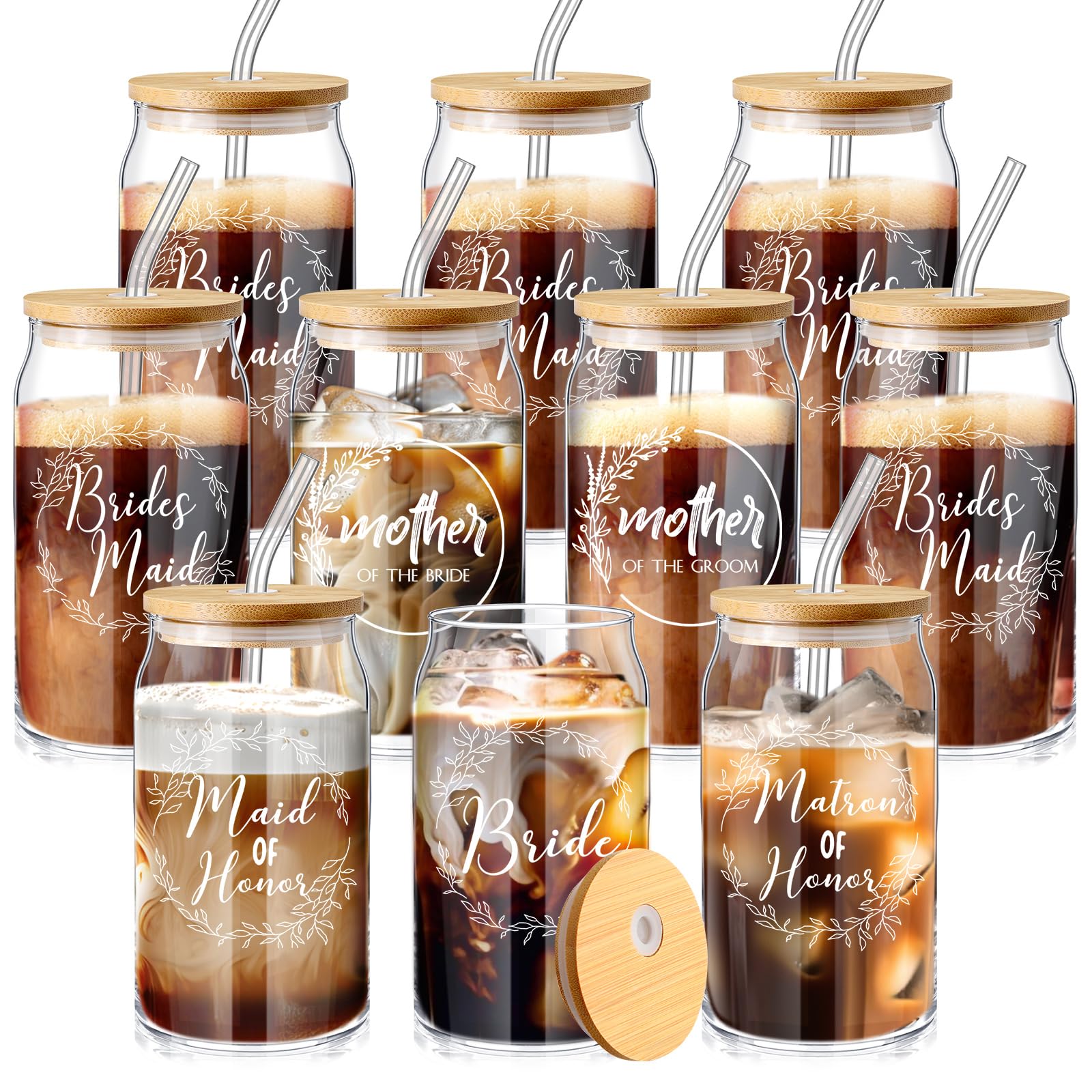 Layhit 10 Pcs Bridesmaid Gifts Bridesmaid Proposal Gifts 16 Oz Cute Can Shaped Drinking Glasses with Bamboo Lids and Glass Straw Iced Coffee Cup Mason Jar Cups for Engagement Wedding Bridal Shower