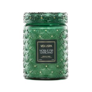 voluspa noble fir garland, large candle jar, 18oz, coconut wax blend, christmas scented candles for home, 100 hour burn time, poured in the usa