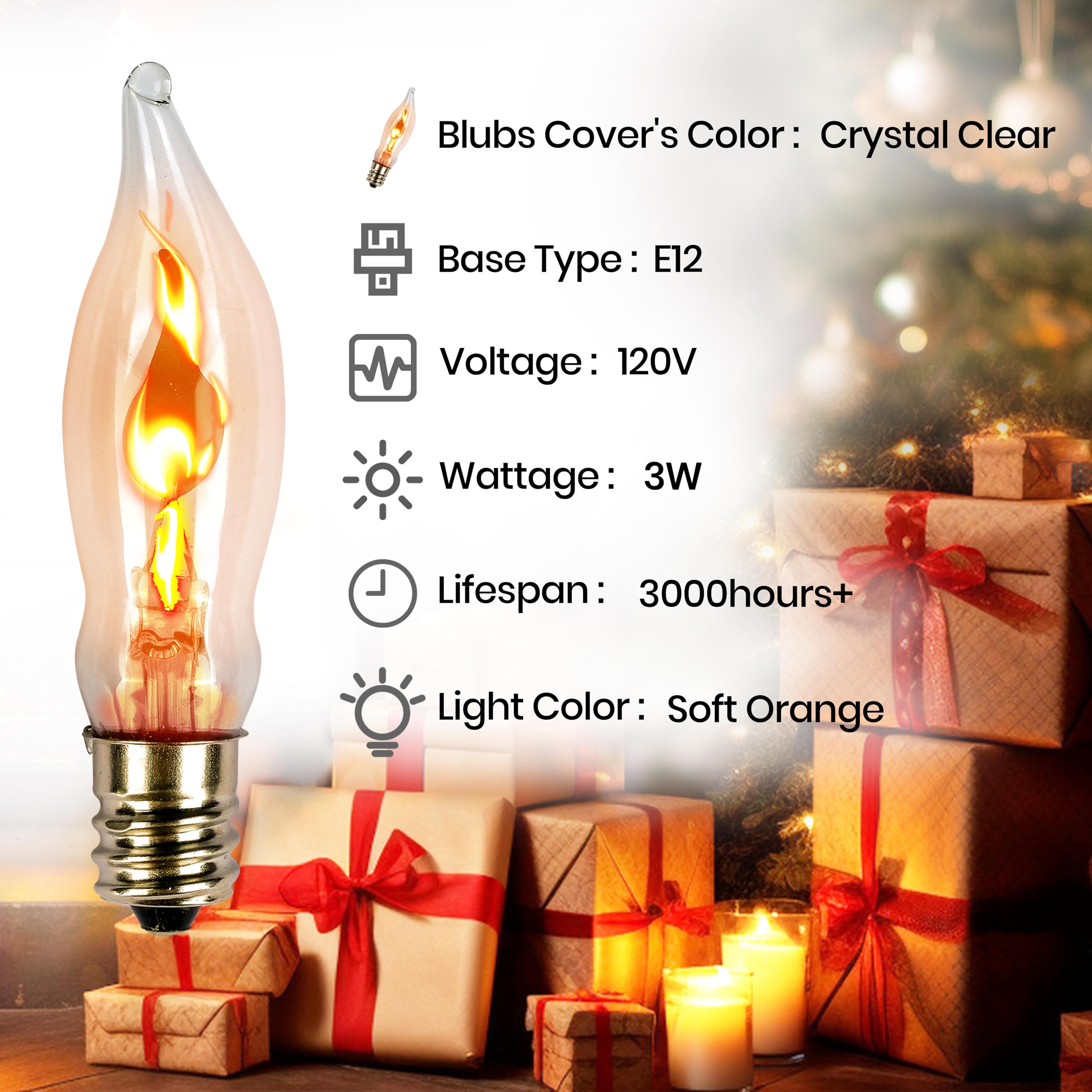 OHLGT Flicker Flame Light Bulb for Hallowwen Christmas Decorative 3 Watt, 120V, E12 Flame Candelabra Light Bulbs（12 Packs）