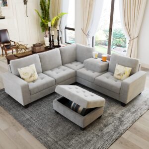 85''*85'' sectional corner sofa l-shape couch space saving with storage ottoman & cup holders design for large space dorm apartment,light grey