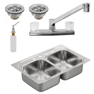 westbrass d33228kit-26 33" double bowl stainless steel kitchen sink kit with 2-handle faucet, soap dispenser and drain strainers, polished chrome