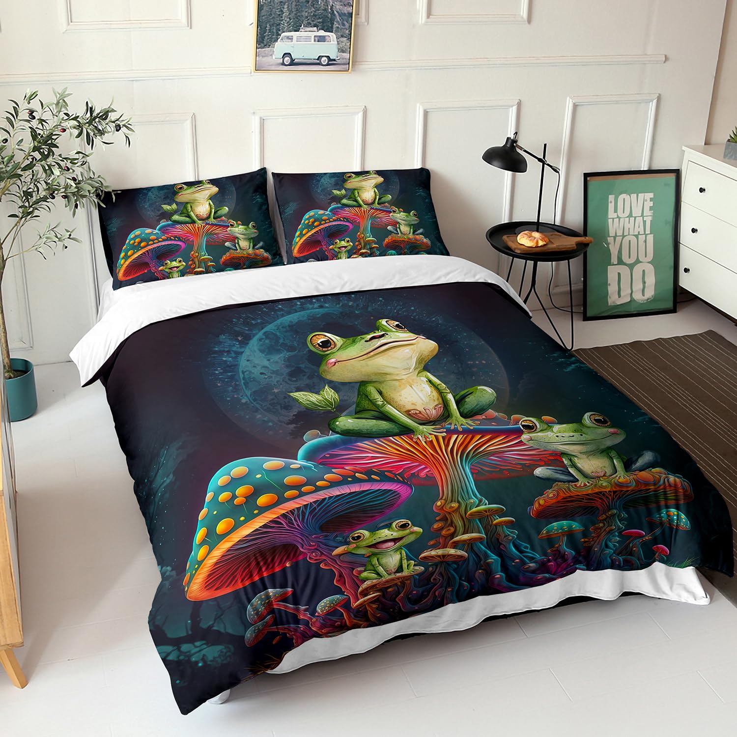 AILONEN Cartoon Frog Duvet Cover Set Full Size,3D Magical Mushroom Bedding Set,Fairy Mysterious Planet Starry Glitter Comforter Cover Set 3 Pieces, 1 Quilt Cover and 2 Pillowcases