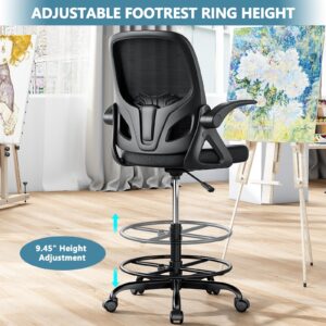 Kensaker Tall Drafting Chair with Footrest Ring for Home and Work, Ergonomic Home Desk Office Chair with Flip up Arms and Lumbar Support, Tall Extended Height Executive Home Desk Office Chair(Black)