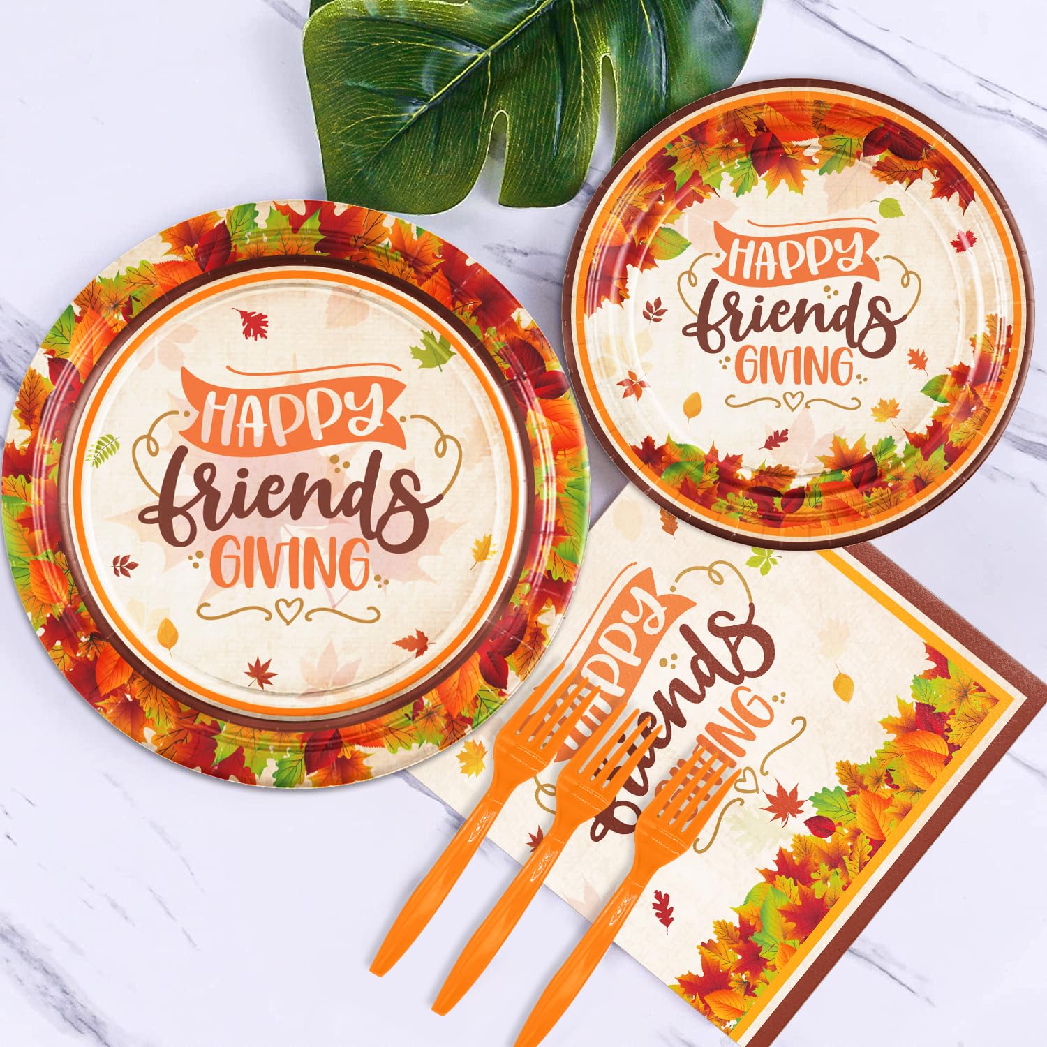 KORHONEN Friendsgiving Party Decorations, 96Pcs Thanksgiving Tableware Set Includes Friendsgiving Napkins Plates Forks, Friendsgiving Maple Leaves Party Supplies