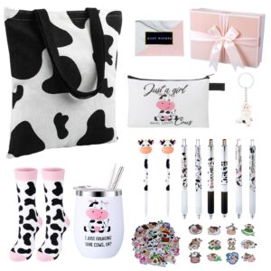 aliceset 66 pcs cow gift set cow stuff cow tote bags cosmetic purse 20 oz stainless steel cow print tumbler cute cow socks keychain stickers box cow pen for graduation teachers gifts cow lover gifts