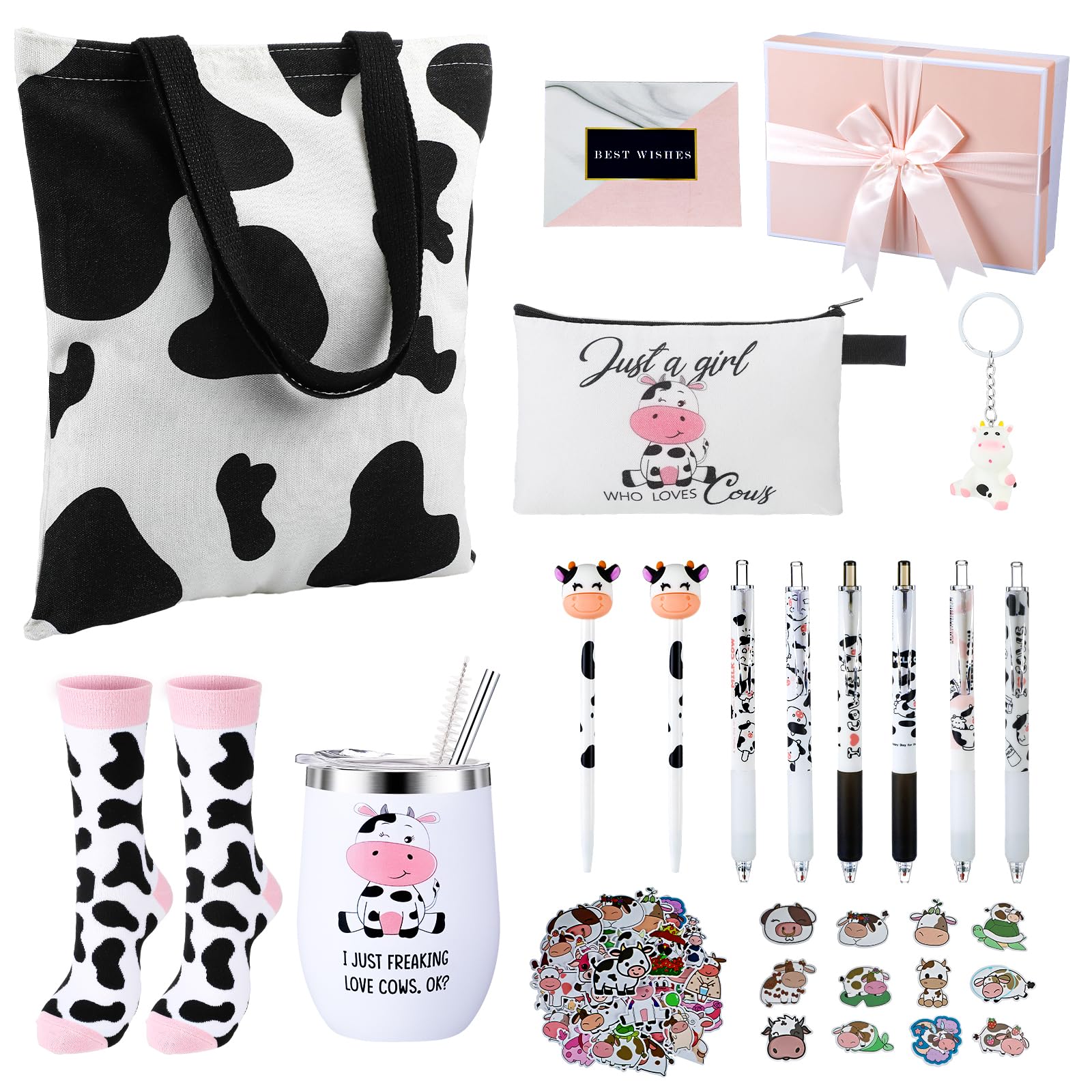 Aliceset 66 Pcs Cow Gift Set Cow Stuff Cow Tote Bags Cosmetic Purse 20 oz Stainless Steel Cow Print Tumbler Cute Cow Socks Keychain Stickers Box Cow Pen for Graduation Teachers Gifts Cow Lover Gifts