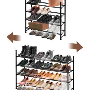 ikloo 4-Tier Shoe Rack for Closet and Entryway | Expandable and Stackable Shoes Organizer for Small Spaces | Adjustable Metal Shoe Shelf for Shoe Storage | Fit Up to 30 Pairs of Shoes | Black