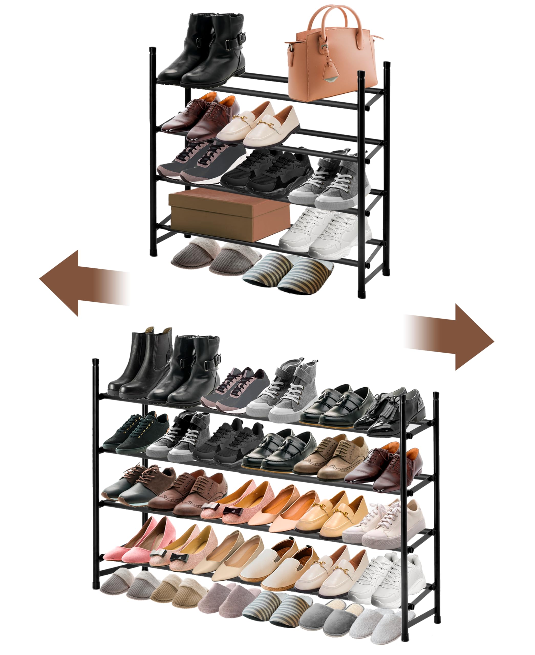 ikloo 4-Tier Shoe Rack for Closet and Entryway | Expandable and Stackable Shoes Organizer for Small Spaces | Adjustable Metal Shoe Shelf for Shoe Storage | Fit Up to 30 Pairs of Shoes | Black