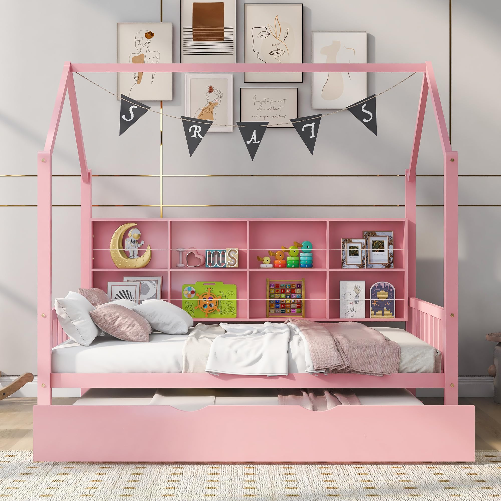 Full House Bed with Trundle and Storage Shelves, Montessori Bed Full Size Platform Bed Frame with Roof, Tent Bed, Solid Wood Playhouse Bed for Kids Teens Girls Boys (Full Size, Pink)